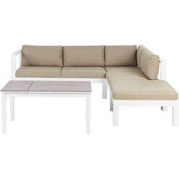 Beliani - Lounge Set Weiß Aluminium mit Auflagen Sandbeige Stoff Skandi Modern 5-Sitzer Ecksofa Tisch Ottomane Terrasse Garten Möbel