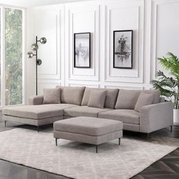 Home Deluxe Sofa BELLANO Beige L 340 x 188 x 94 cm - Ottomane: Links Cordsofa, L – Form Sofa, Ecksofa, Cordstoff