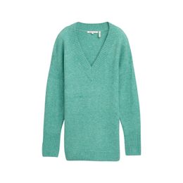 Tom Tailor Denim Damen Langer Pullover mit V-Ausschnitt, grün, Melange Optik, Gr. XXL