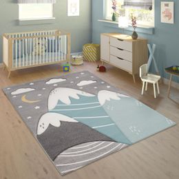 Kinderteppich Paco Home "Cosmo 707" Teppiche Gr. B: 140 cm 1 St., 13 mm, L: 200 cm, grau (grau, blau) Kinder 3D-Design, niedliches Motiv Berge & Sterne, Pastell-Farben