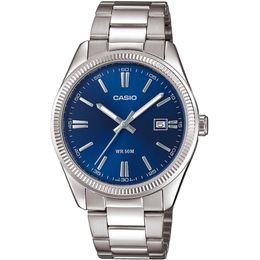 Quarzuhr CASIO TIMELESS COLLECTION "MTP-1302PD-2AVEF", blau (silberfarben), Armbanduhren, Damen, Armbanduhr, Herrenuhr, Damenuhr, analog, Datum, Neo-Display