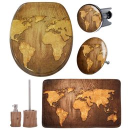 Badaccessoire-Set Sanilo "World Map" Badaccessoires-Sets braun bestehend aus WC-Sitz, Badteppich, Stöpsel, Seifenspender, WC-Bürste