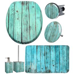 Badaccessoire-Set Sanilo "Lumber", blau (blau, türkis), Holz, Polyester, Polyresin (Kunststein), Badaccessoires-Sets, bestehend aus WC-Sitz, Badteppich, Stöpsel, Seifenspender, WC-Bürste