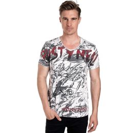 T-Shirt Rusty Neal, Herren, Gr. M, grau, 100% Baumwolle, bedruckt, casual, normal, V-Ausschnitt, Shirts, mit aufwendigem Strass-Design