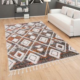 Hochflor-Teppich Paco Home "Monza 654" Teppiche Gr. B: 120cm, 34mm, L: 160cm, bunt (mehrfarbig) Fransenteppich meliert, Rauten Muster, 3D-Effekt, mit Fransen