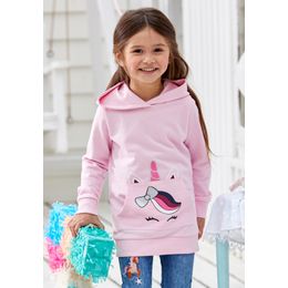 Kapuzensweatshirt Kidsworld "Longsweatshirt mit niedlichem Einhorn" Gr. 128/134, rosa Mädchen Sweatshirts Langarm, Basic-Passform, bedruckt, mit Kapuze, aus Baumwolle