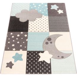 Kinderteppich Paco Home "Cosmo 755" Teppiche Gr. B: 160cm, 18mm, L: 230cm, blau Kinder 3D-Design, Patchwork Muster, Motiv Sterne, Wolken & Punkte, Pastell