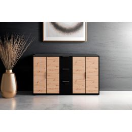 Sideboard ByLiving "Rimini" Sideboards Gr. B: 139cm, Sideboard mit Türen, schwarz (eiche schw) Melamin Eiche und Artisan Eiche, 3 Schubkästen, 4 Türen