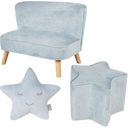 Kindersitzgruppe Roba "Lil Sofa" Sitzmöbel-Sets Gr. Samt, blau (hellblau-sky) Kinder bestehend aus Kindersofa, Kinderhocker und Dekokissen in Sternform