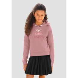 Kapuzensweatshirt Kidsworld "NYC Paris London" Gr. 176/182, rosa (altrosa) Mädchen Sweatshirts Langarm, gerade Passform, bedruckt, Kapuze, aus Baumwolle