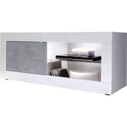 Lowboard Inosign "Basic Breite 140 cm, TV-Board 1 Tür, 2 offene Fächer (Glasboden)" Sideboards Gr. B/H/T: 140cm x 56cm x 43cm, weiß (weiß hochglanz lack/beton-optik) TV-Kommode, Metallgriff, moderne Rahmenoptik, Farbauswahl