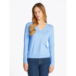 V-Ausschnitt-Pullover Tommy Hilfiger Gr. L (40), blau (vessel blue) Damen Pullover mit Logo-Stickerei