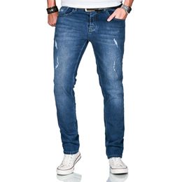 Slim-fit-Jeans Alessandro Salvarini "ASCatania", Herren, Gr. W30L34, Länge 34, blau (as, 163, dunkelblau used), Denim/Jeans, 98% Baumwolle, 2% Elasthan, Destroyed-Effekte, leichte Abriebeffekte, Basic, schmal, Jeans, mit used look Effekt und mit 2% Elasthan