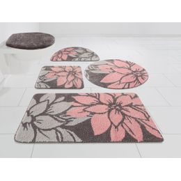 Badematte Home Affaire "Susan" Badematten Gr. rechteckig (80cm x 150cm), Polyester, rosa (rosa, grau) Blumen-Muster, Badteppich, Badematten auch als 3 teiliges Set & rund