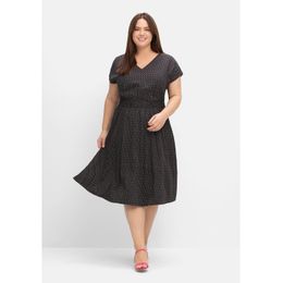 Sommerkleid sheego "Große Größen" Gr. 44, Normalgrößen, schwarz (schwarz gemustert) Damen Kleider mit Smokbund und weitem Rock