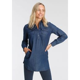 Jeansbluse Arizona "Krempelärmel mit Riegel" Gr. 34, blau (dunkelblau), Damen, Web, Obermaterial: 100% Baumwolle, Blusen, im Tunikastil