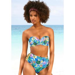 Bügel-Bandeau-Bikini-Top Venice Beach "Hanni" Gr. 40, Cup D, blau (blau, bedruckt) Damen Bikini-Oberteile mit tropischem Print und gelben Details