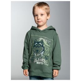 Kapuzensweatshirt TRIGEMA "TRIGEMA Hoodie mit großem Husky-Printmotiv" Gr. 104, grün (efeu) Kinder Sweatshirts