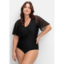 Badeanzug sheego "Große Größen", Damen, Gr. 40, Cup B, schwarz, Nylon, Xtra Life LYCRA, unifarben, Badeanzüge, mit Flügelärmeln und Shape-Effekt