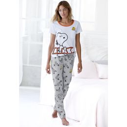 Pyjama PEANUTS, Damen, Gr. 32/34, grau (weiß, grau), Single Jersey, Obermaterial: 100% Baumwolle, animal-print, bedruckt, Basic, bequem lang, Rundhals, eingesetzt, Homewear-Sets Pyjama, mit Snoopy und Woodstock Druck, Topseller