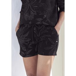 Relaxshorts Lascana Gr. 36/38, N-Gr, schwarz (schwarz, allover, gemustert), Damen, angeraute Sweatware, Obermaterial: 50% Baumwolle, 50% Polyester, geblümt, Hosen, mit floralem Alloverdruck, Loungeanzug