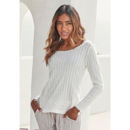 Pyjamaoberteil s.Oliver, Damen, Gr. 32/34, beige (ecru), Feinstrick, Obermaterial: 100% Baumwolle, unifarben, feminin, figurumspielend hüftlang, Rundhals, Shirts, aus Ajour-Strick