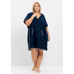 Bademantel sheego "Große Größen", Damen, Gr. 1 L: 96.00cm, blau (marine), Baumwoll-Mix, unifarben, Kurzform, Hausmäntel, in Ponchoform, aus leichtem Frottee