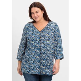 Shirtbluse sheego "Große Größen" Gr. 44, blau (tiefblau gemustert) Damen Blusen mit Smok- und Kontrastdetails