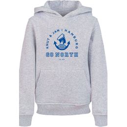 Kapuzenpullover F4NT4STIC "Go North Knut & Jan Hamburg Logo" Gr. 122/128, grau (erdgrau), Mädchen, Obermaterial: 65% Baumwolle, 35% Polyester, Pullover, Print