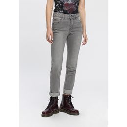 Slim-fit-Jeans Arizona "Bund mit seitlichem Gummizugeinsatz" Gr. 34, N-Gr, grau (grey-used) Damen Jeans schmale Passform, Röhrenjeans, Used-Waschung, hohe Leibhöhe