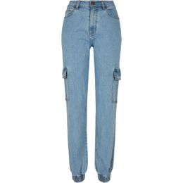 Stoffhose Urban Classics "Urban Classics Damen Ladies Organic Stretch Denim Cargo Pants" Gr. 30, Normalgrößen, blau (cleanblue bleached) Damen Hosen