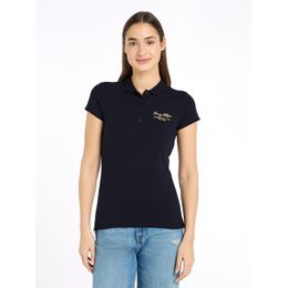 Poloshirt Tommy Hilfiger "SLIM SCRIPT GRAPHIC POLO SS" Gr. L (40), blau (desert sky) Damen Shirts mit Tommy Hilfiger Script Logo-Schriftzug