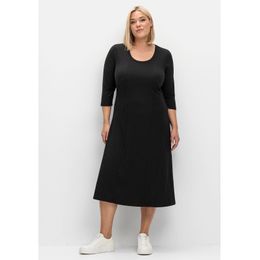 Shirtkleid sheego "Große Größen", Damen, Gr. 44, Normalgrößen, schwarz, Obermaterial: 63% Baumwolle, 33% Polyester, 4% Elasthan, unifarben, feminin, figurumspielend wadenlang, Rundhals, 3/4-Ärmel, Kleider, aus Rippqualität, mit 3/4-Ärmeln