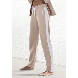 Loungehose BENCH. LOUNGEWEAR, Damen, Gr. 32/34, N-Gr, beige (beige, weiß), Jersey, Interlock, Obermaterial: 60% Baumwolle, 40% Polyester, unifarben mit Farbeinsatz, sportlich, bequem lang, Hosen, mit Seitenstreifen und geradem Bein, Loungeanzug