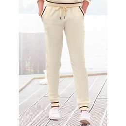 Sweathose Lascana Gr. 36/38, N-Gr, beige (hellbeige), Damen, angeraute Sweatware, Obermaterial: 70% Baumwolle, 19% Modal, 11% Polyester, unifarben, Hosen, mit gestreifem Rippbündchen, Loungeanzug