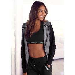 Kapuzensweatjacke BENCH. LOUNGEWEAR, Damen, Gr. 40/42, grau (schwarz, dunkelgrau), Sweatware, Obermaterial: 60% Baumwolle, 40% Polyester, mehrfarbig, meliert, unifarben, bequem, ohne Ausschnitt, Sweatjacken, mit farblich abgesetzten Ärmeln, Loungeanzug