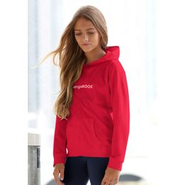 Kapuzensweatshirt Kangaroos "Hoodie mit Logoprint" Gr. 128/134, rot Mädchen Sweatshirts Langarm, bedruckt, aus Sweatware mit Baumwolle, Kängurutasche