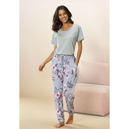 Pyjama Vivance Dreams, Damen, Gr. 40/42, grün (mint, grau), Single Jersey, Obermaterial: 100% Baumwolle, geblümt, Basic, bequem lang, Rundhals, Homewear-Sets, mit Blumendruck