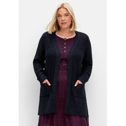 Strickjacke sheego "Große Größen" Gr. 40/42, blau (nachtblau meliert) Damen Strickjacken mit Zickzack-Ajourmuster