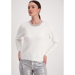 Rundhalspullover monari Gr. 34, weiß (offwhite) Damen Pullover mit Glitzersteinchen am Ausschnitt