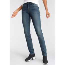 Slim-fit-Jeans Arizona "Bund mit seitlichem Gummizugeinsatz", Damen, Gr. 34, N-Gr, blau (blau, used), Denim/Jeans, Obermaterial: 98% Baumwolle, 2% Elasthan, Basic, slim fit lang, Jeans, schmale Passform, Röhrenjeans, Used-Waschung, hohe Leibhöhe, Topseller