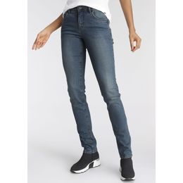 Slim-fit-Jeans Arizona "Bund mit seitlichem Gummizugeinsatz" Gr. 36, N-Gr, blau (blue, used) Damen Jeans schmale Passform, Röhrenjeans, Used-Waschung, hohe Leibhöhe