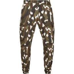 Cargohose Urban Classics "Urban Classics Herren Geometric Camo Stretch Twill Cargo Pants" Gr. 30, Normalgrößen, grün (woodcamo) Herren Hosen