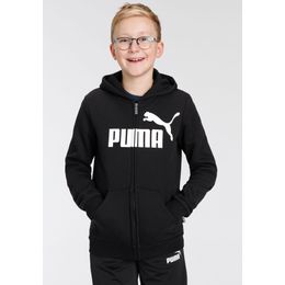 Kapuzensweatshirt Puma "ESS BIG LOGO FZ HOODIE FL B" Gr. 152, schwarz (Puma schwarz), Kinder, Fleece, Obermaterial: 66% Baumwolle, 34% Polyester, bedruckt, Sweatshirts