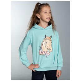 Kapuzensweatshirt TRIGEMA "TRIGEMA Hoodie mit großem Pferde-Printmotiv" Gr. 104, blau (gletscher) Kinder Sweatshirts