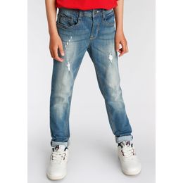 Stretch-Jeans Arizona "mit schmalem Bein für Jungen", Jungen, Gr. 128, N-Gr, blau (blau, used), Denim/Jeans, Obermaterial: 68% Baumwolle, 31% Polyester, 1% Elasthan, Basic, skinny fit, Jeans, skinny fit, gerade Beinform, trendiger Used-Look