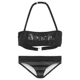 Bandeau-Bikini Bench., Kinder, Gr. 146/152, N-Gr, schwarz (schwarz, grau), Polyamid, Bikini-Sets, mit großem Logoprint