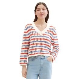 Strickpullover Tom Tailor Denim Gr. M, bunt (blue red white stripe) Damen Pullover Grobstrickpullover in Streifen-Optik und mit V-Ausschnitt