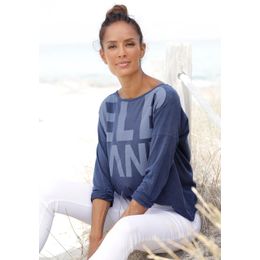 Langarmshirt ELBSAND "Niola" Gr. L (40), blau (marine) Damen Shirts mit großem Frontprint, Longsleeve aus Baumwoll-Mix, sportlich-casual