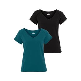 Funktionsshirt FAYN SPORTS "Double Pack Essential" Gr. 34, grün (schwarz, petrol) Damen Shirts Kurzarm, lockere Passform, unifarben, V-Ausschnitt